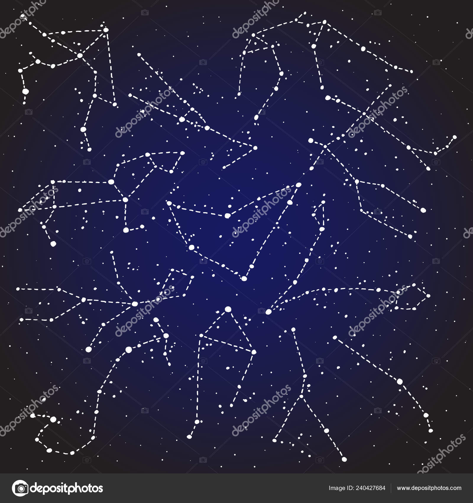 Hand Drawn Zodiac Signs Constellations Set Dark Blue Starry Night