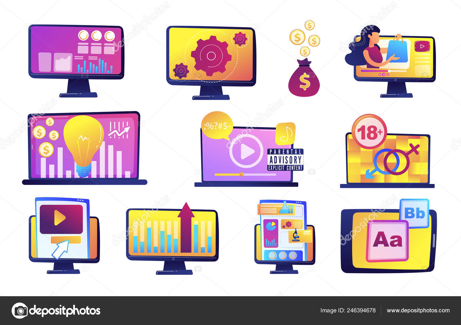 Computer and digital content vector illustrations set. Stock Vector ...