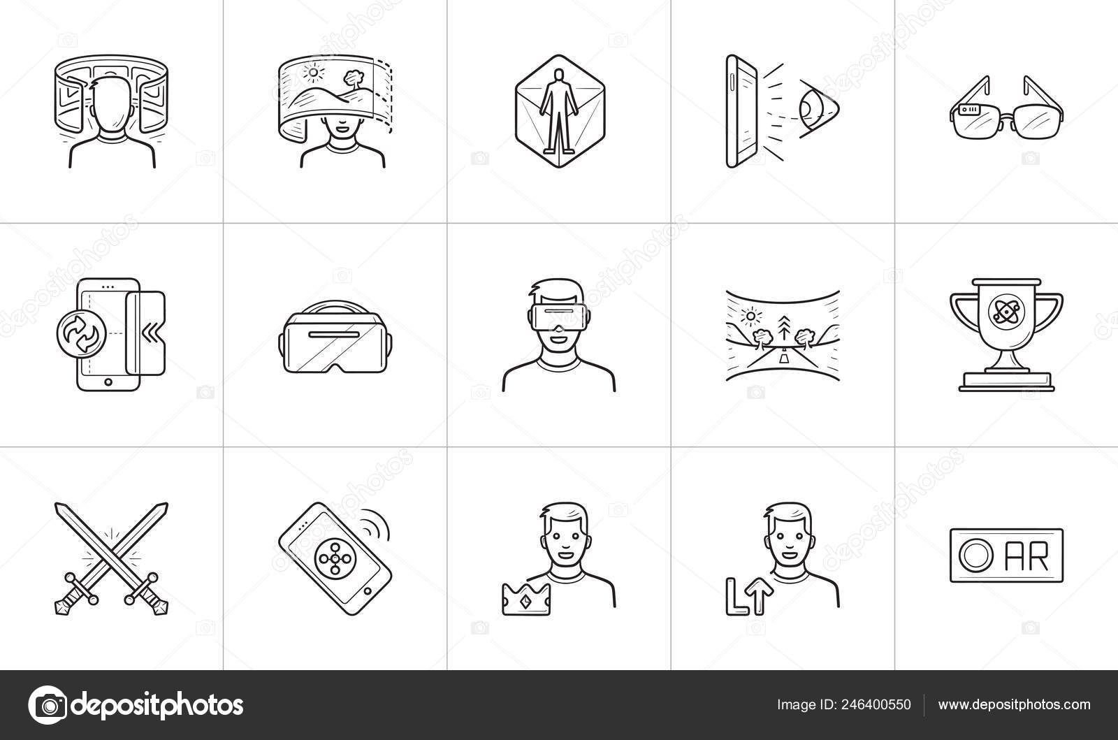 Virtual and augmented reality hand drawn outline doodle icon set. Stock ...