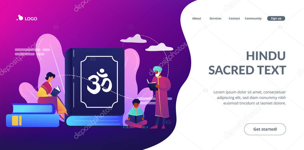 Familia india en ropa tradicional leyendo textos hindúes, gente pequeña. Los Vedas, los Libros ...