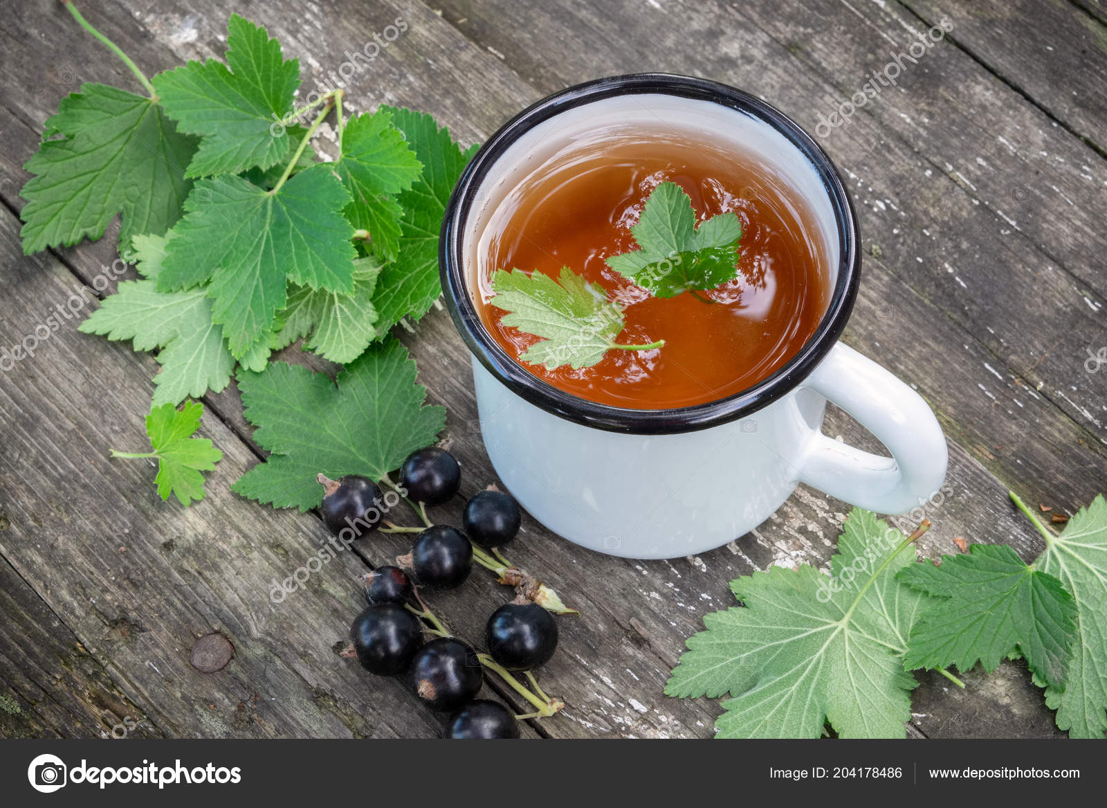 Enameled Cup Fruit Tea Black Currant Berries Wooden Table Outdoors ...