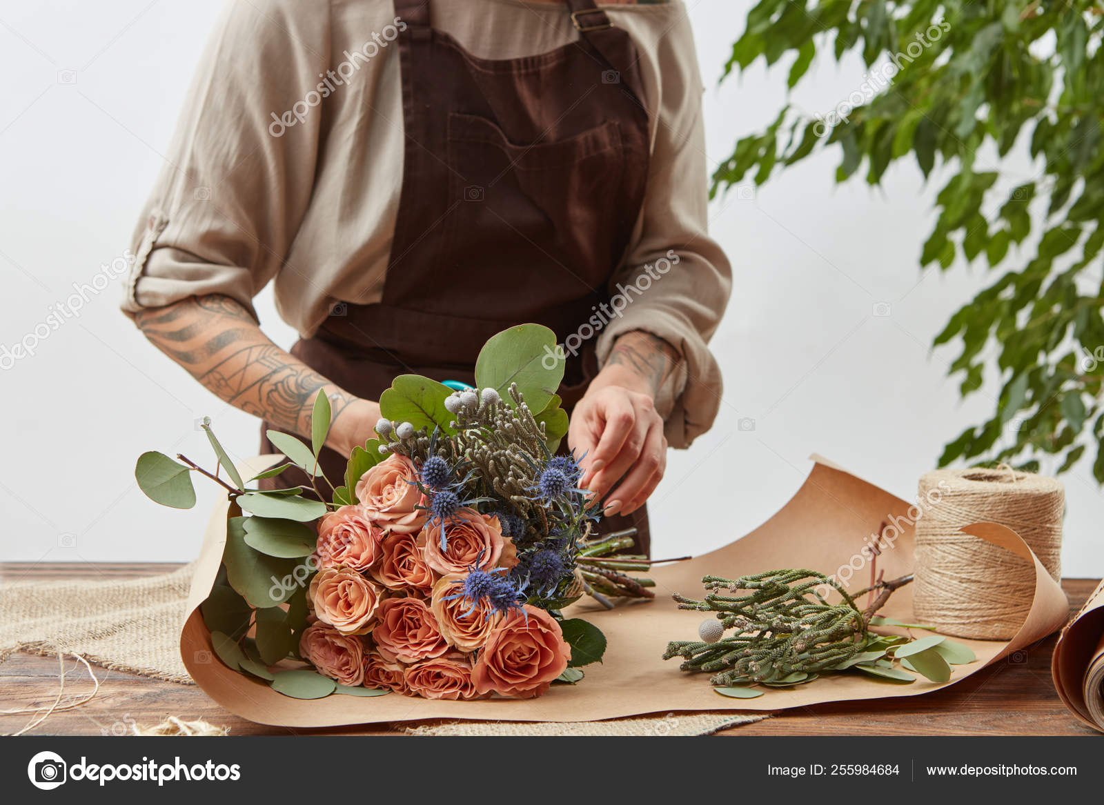 Florist Girl Brown Apron Creating Fresh Rose Coral Bouquet Light Stock ...