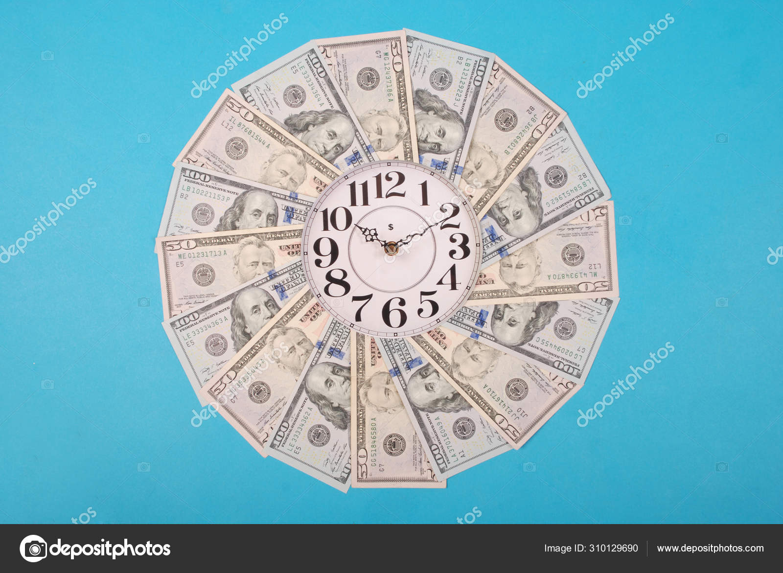 Concept of clock and dollar. Clock on kaleidoscope from money. — Stock ...