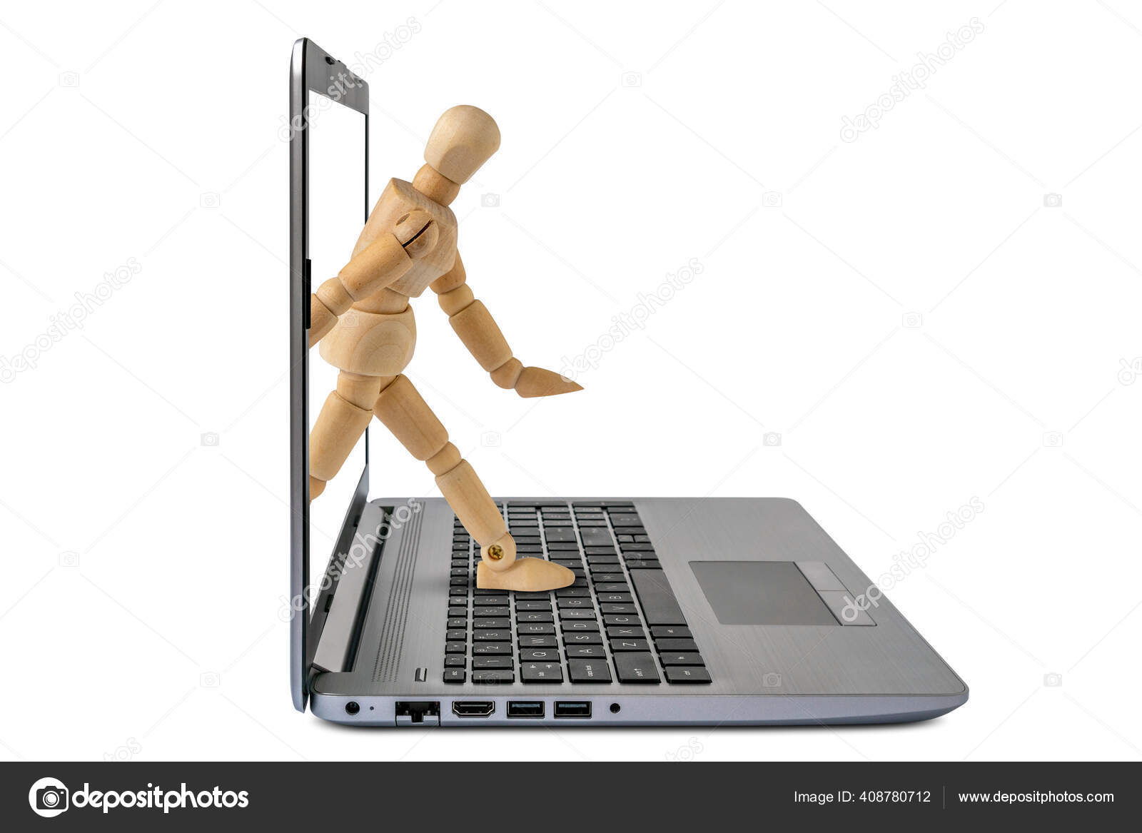 Man Steping Out Laptop Computer Screen Concept Internet Security Stock ...