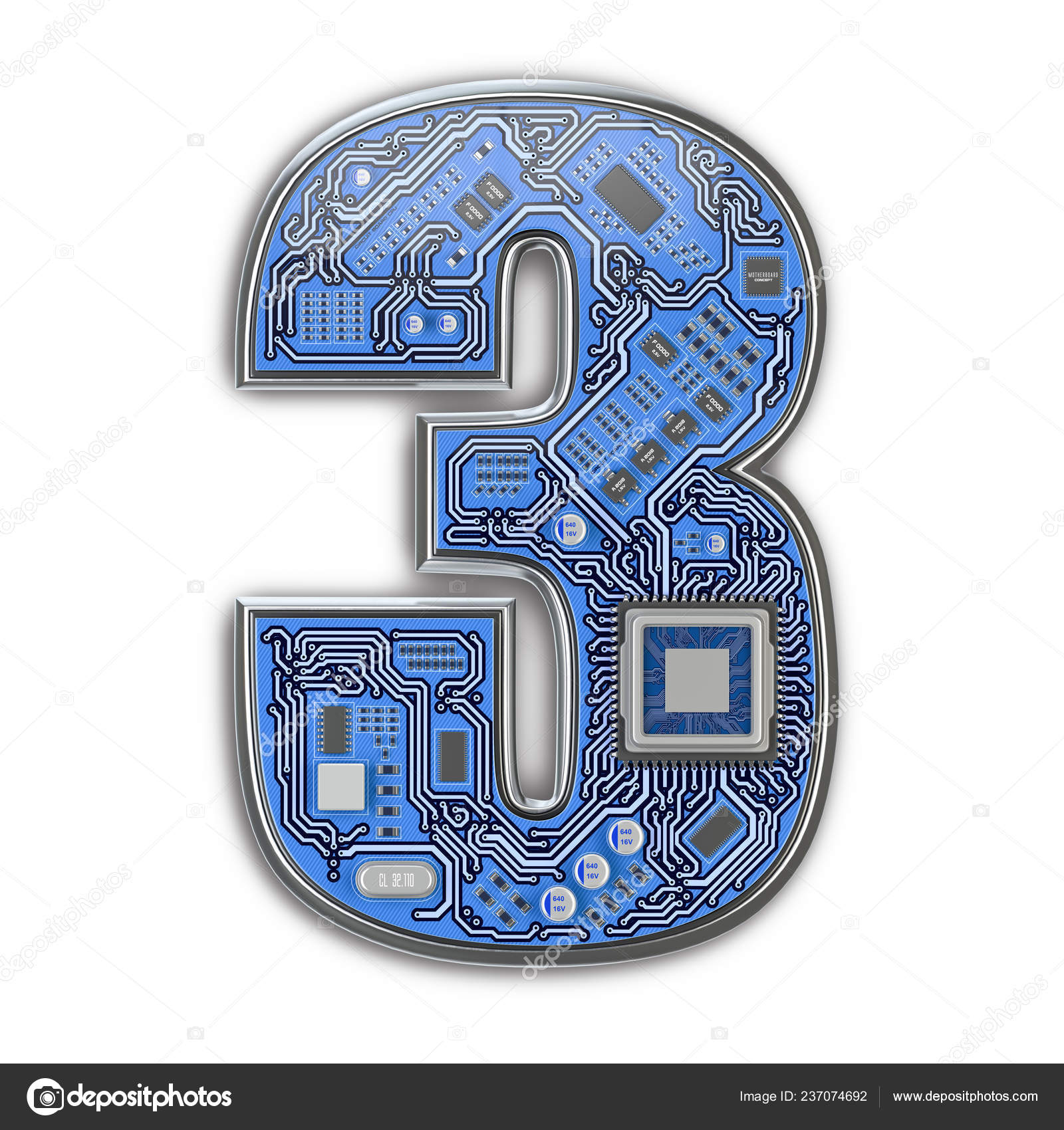 Number Three Alphabet Circuit Board Style Digital Tech Letter Isolated ...
