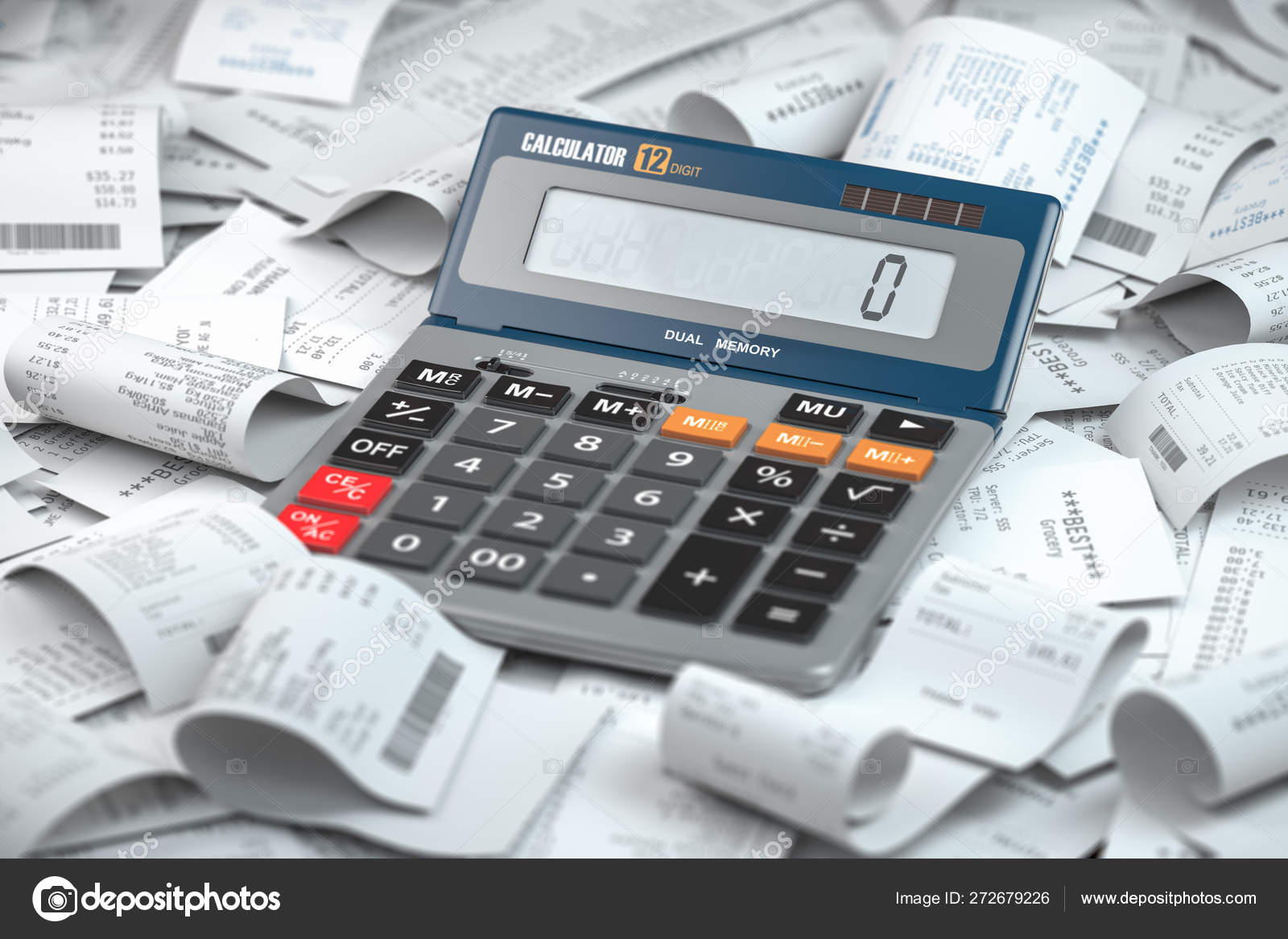 Calculator with receipts. Home budjet, grocery expenses and cons Stock ...