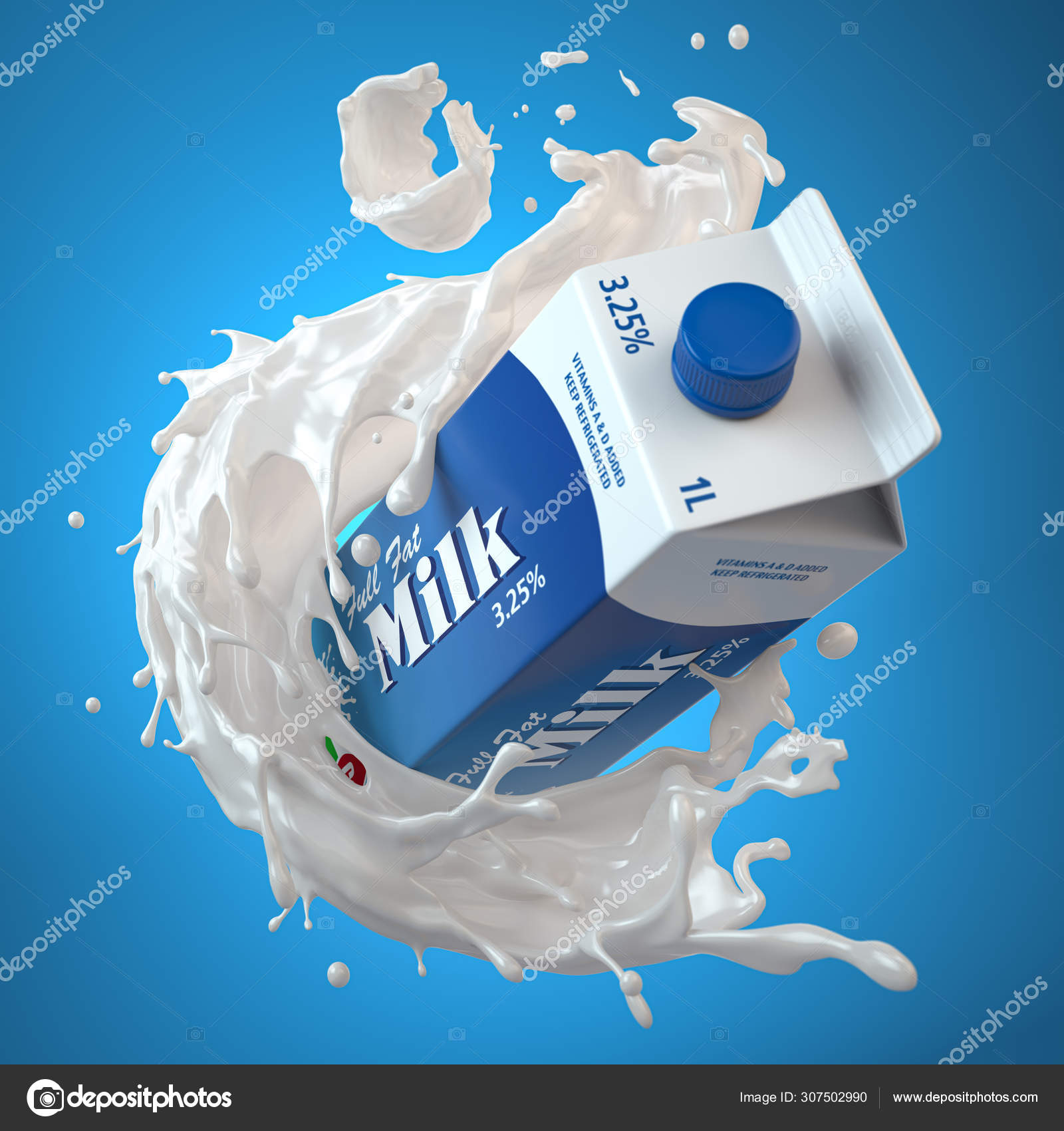 Milk carton box or packaging of milk and splash of milk on blue — Stock ...