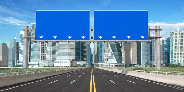 Se ales de tr fico en blanco en una carretera al centro de la ciudad con rascacielos. ilustraci ...