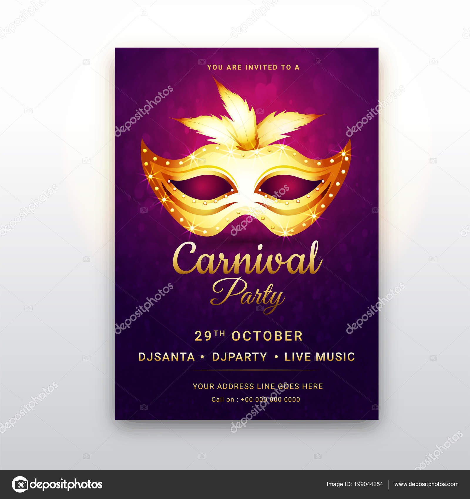 Happy Carnival Festive Invitation Card Golden Masquerade Mask Purple ...