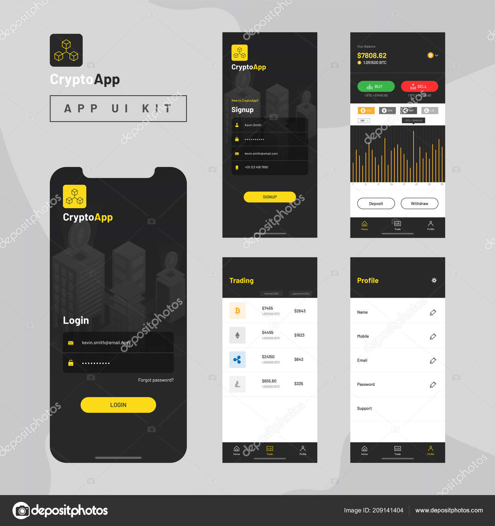 Crypto App Kit Responsive Mobile App Website Different Gui Layout Stock Vector Image by ...