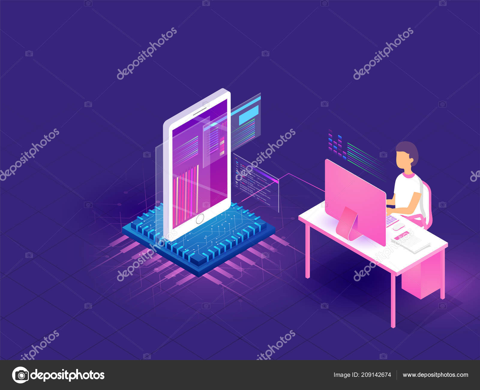 Coding Programming Concept Isometric Smartphone Processor Chip Analyst ...