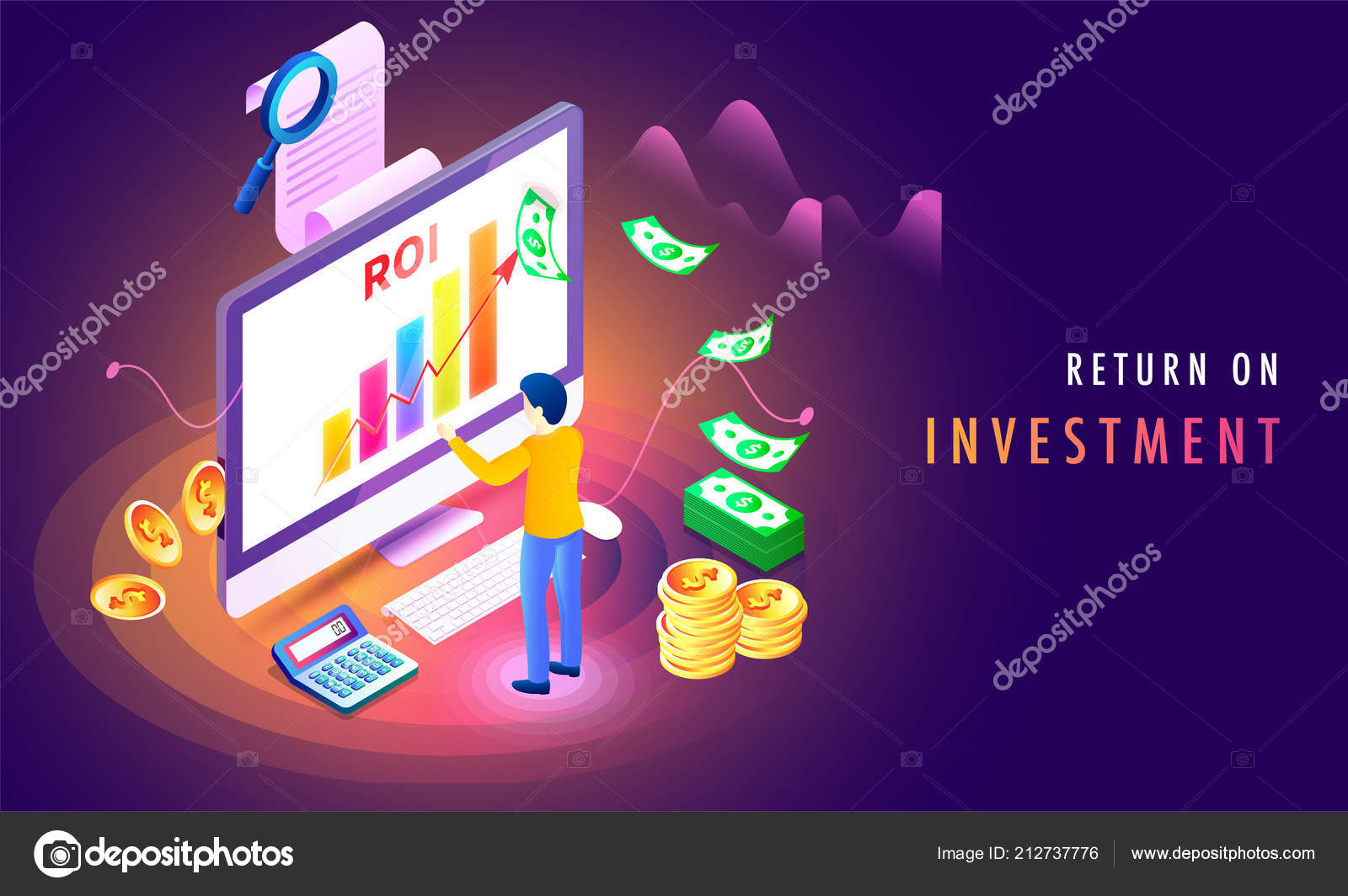 Return Investment Roi Isometric Background Growth Profit Graphs Money ...