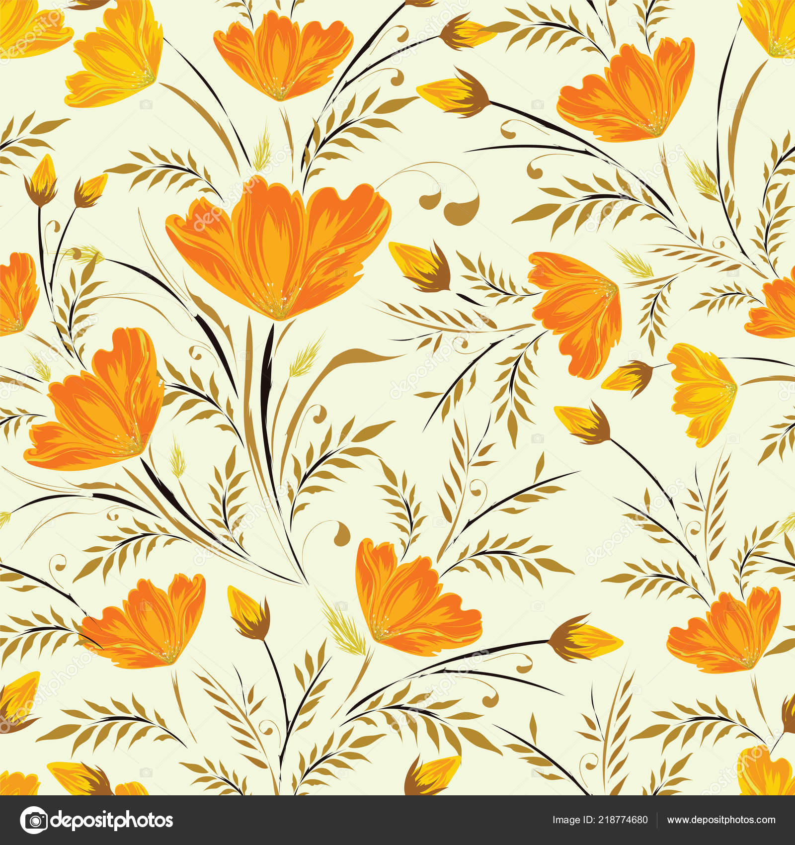 Floral Pattern Based Seamless Background Decorated Orange Flowers