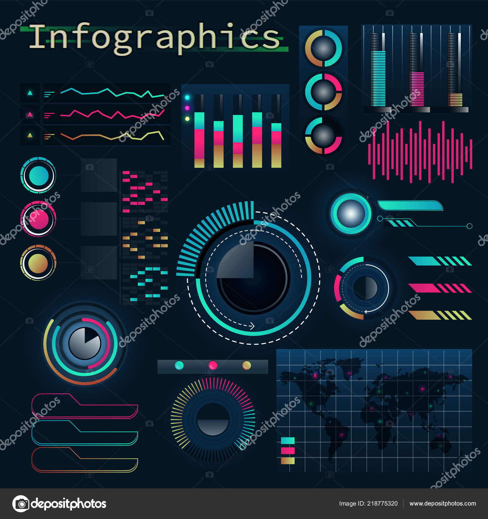 Set Infographic Diagram Chart Graph Black Background Stock Vector Image ...