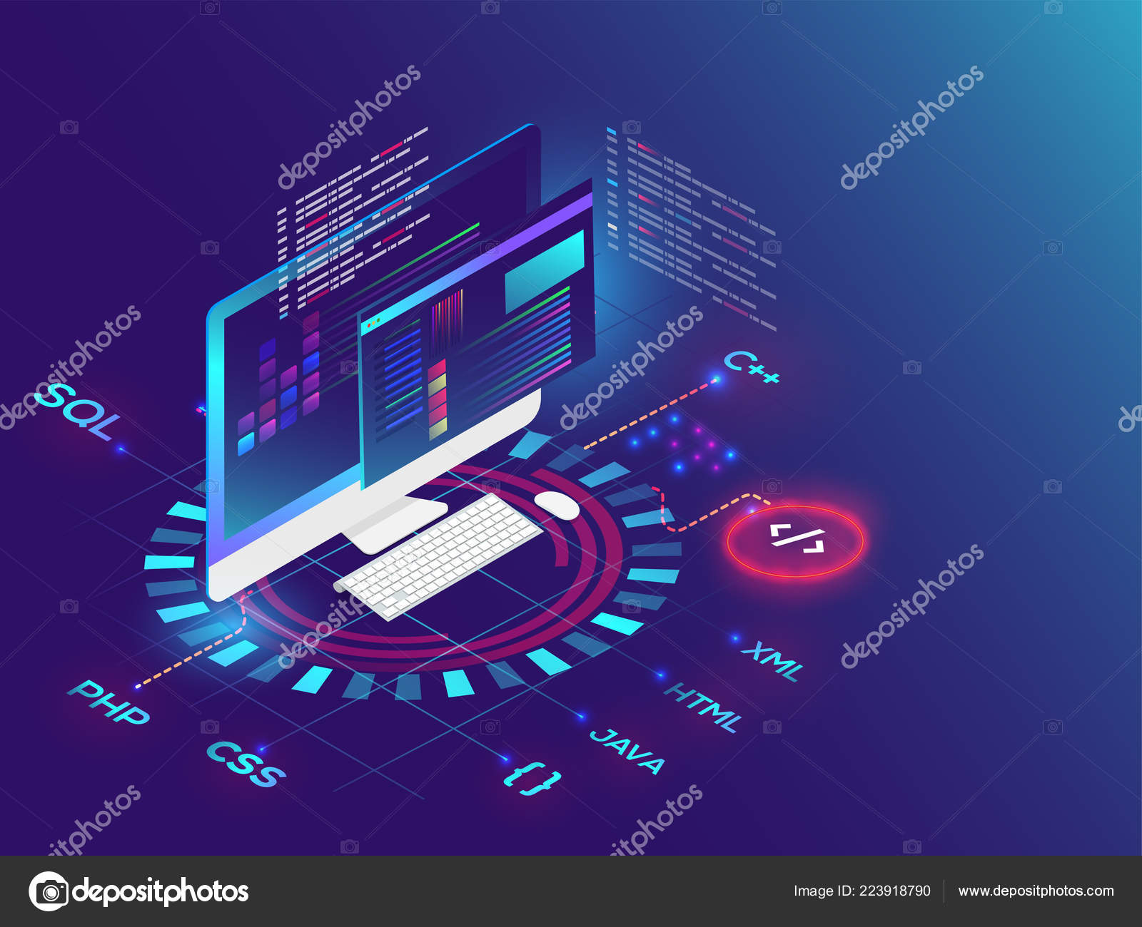 Illustration Desktop Different Programming Language Futuristic Background Coding Programming ...