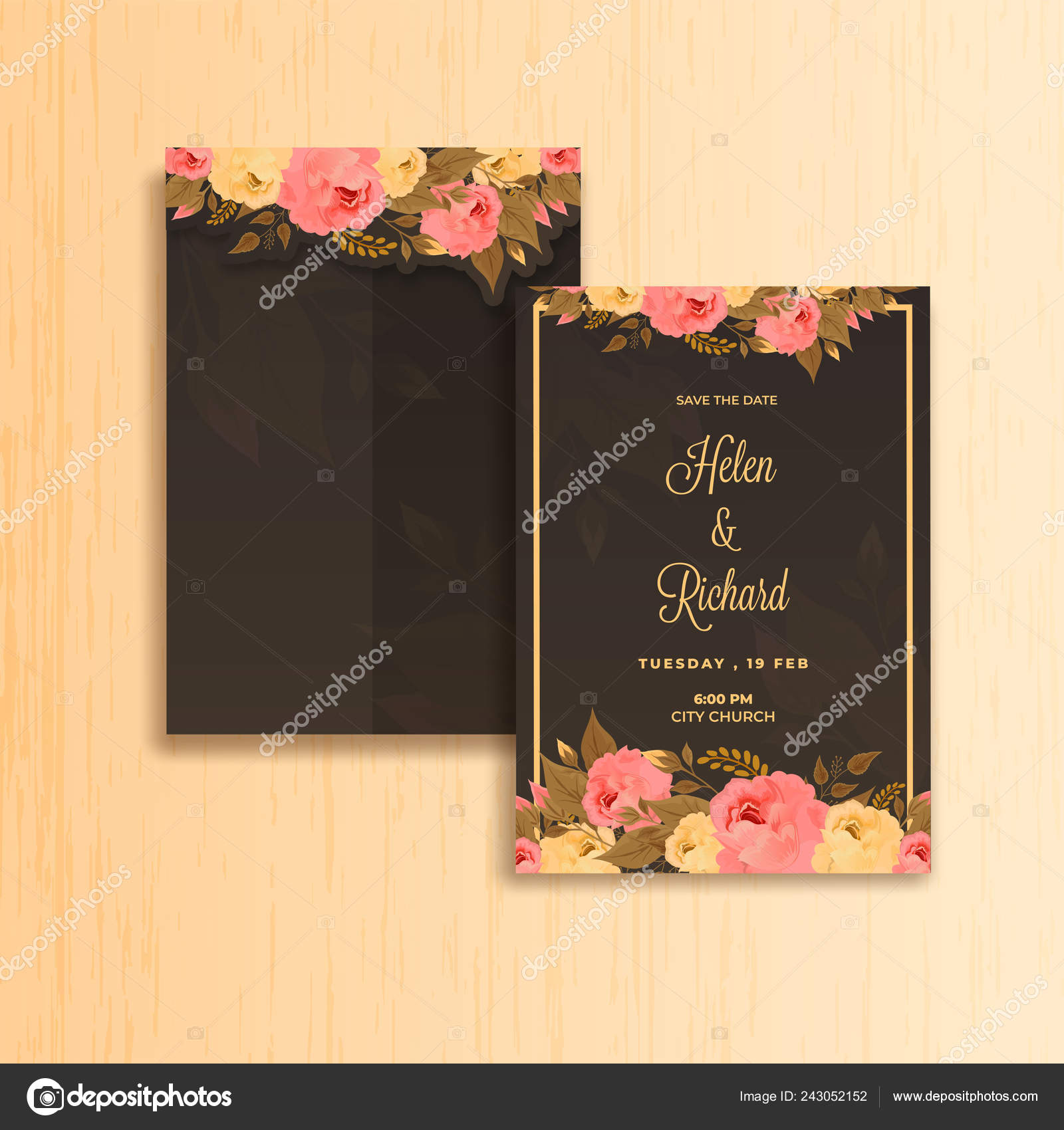 Front Back View Wedding Invitation Card Template Design Decorated ...