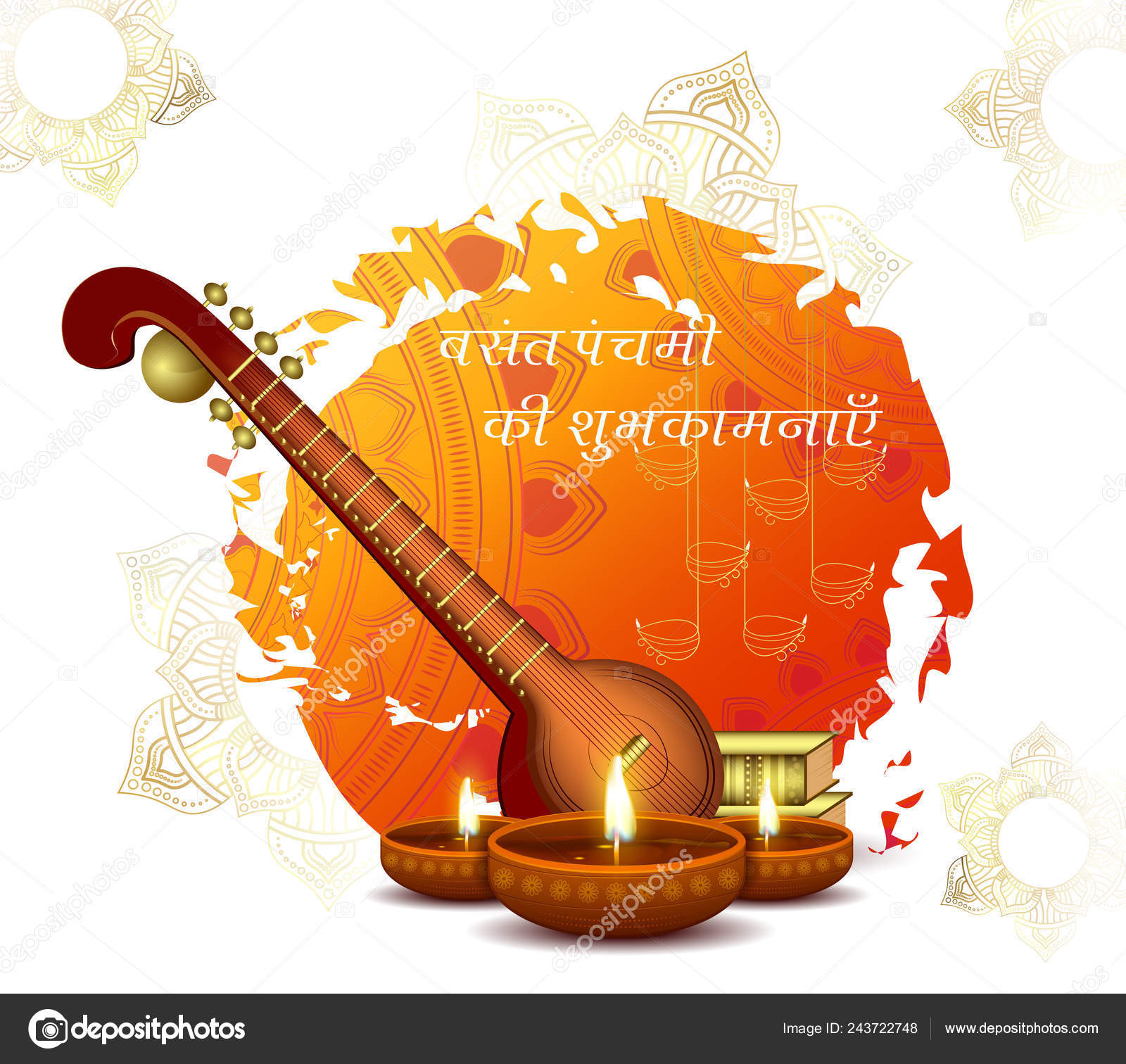 Vector Illustration Veena Instrument Illuminated Oil Lamps Books Floral ...
