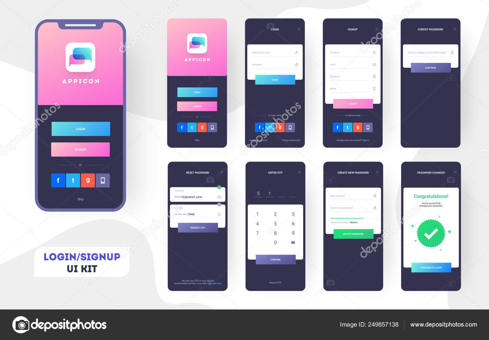 Mobile App UI ou design de UX com diferentes telas de login includin ...
