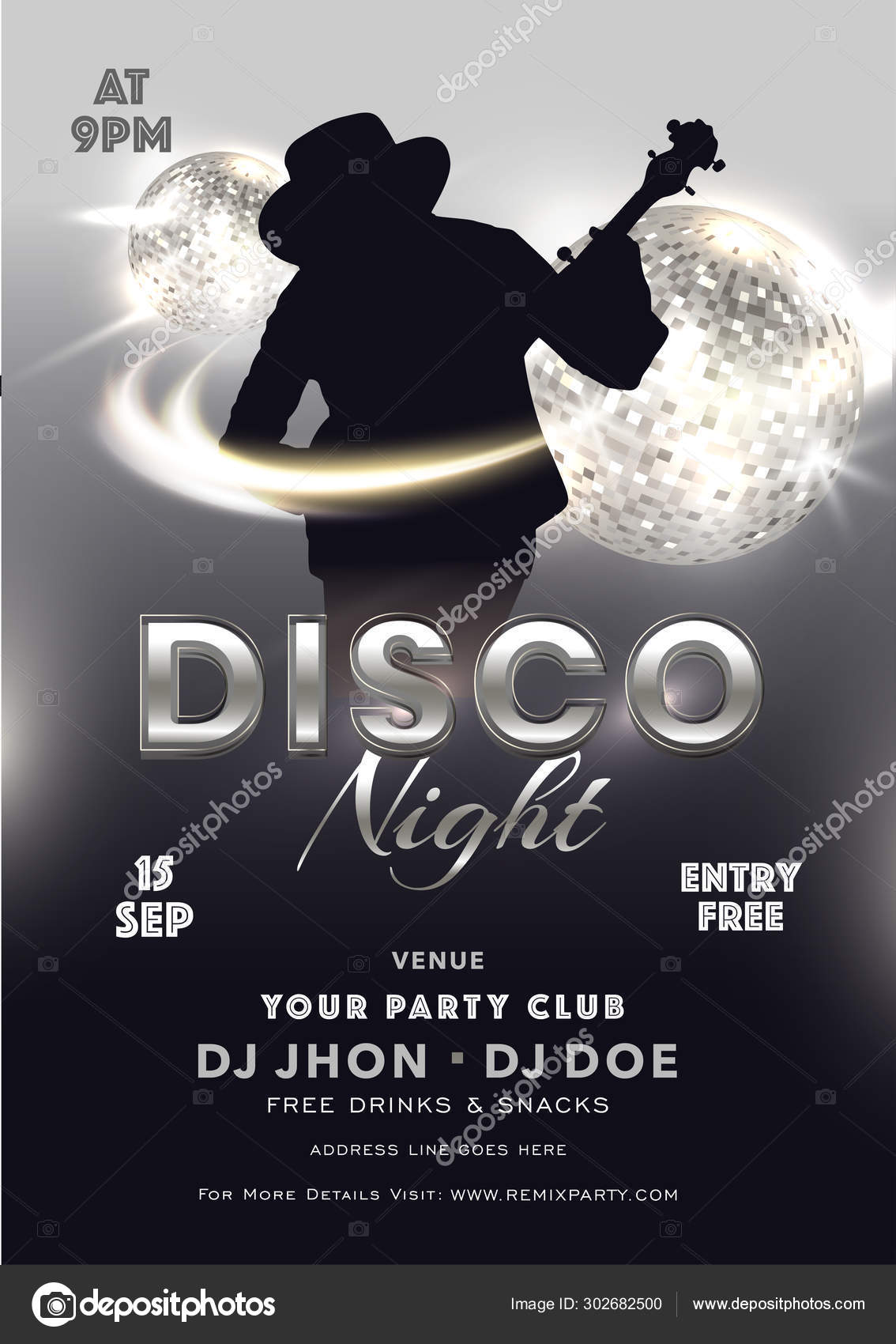 Disco Night Party invitation card design with silhouette guy pla Stock ...