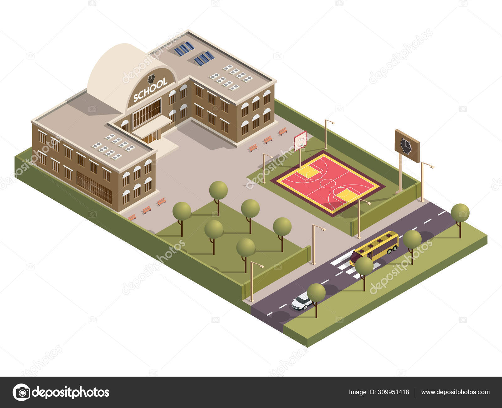 Isometric view of school building and basketball ground yard alo Stock ...