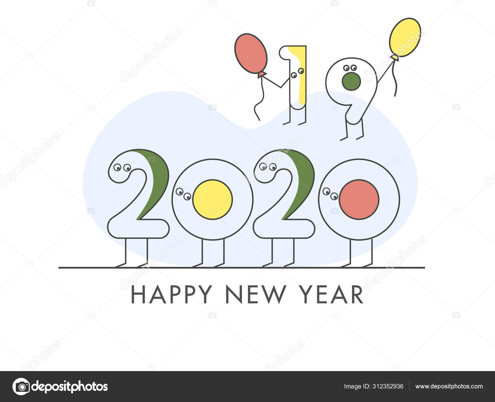 Funny cartoon number text of 2020 with flying 2019 in line art s Stock ...