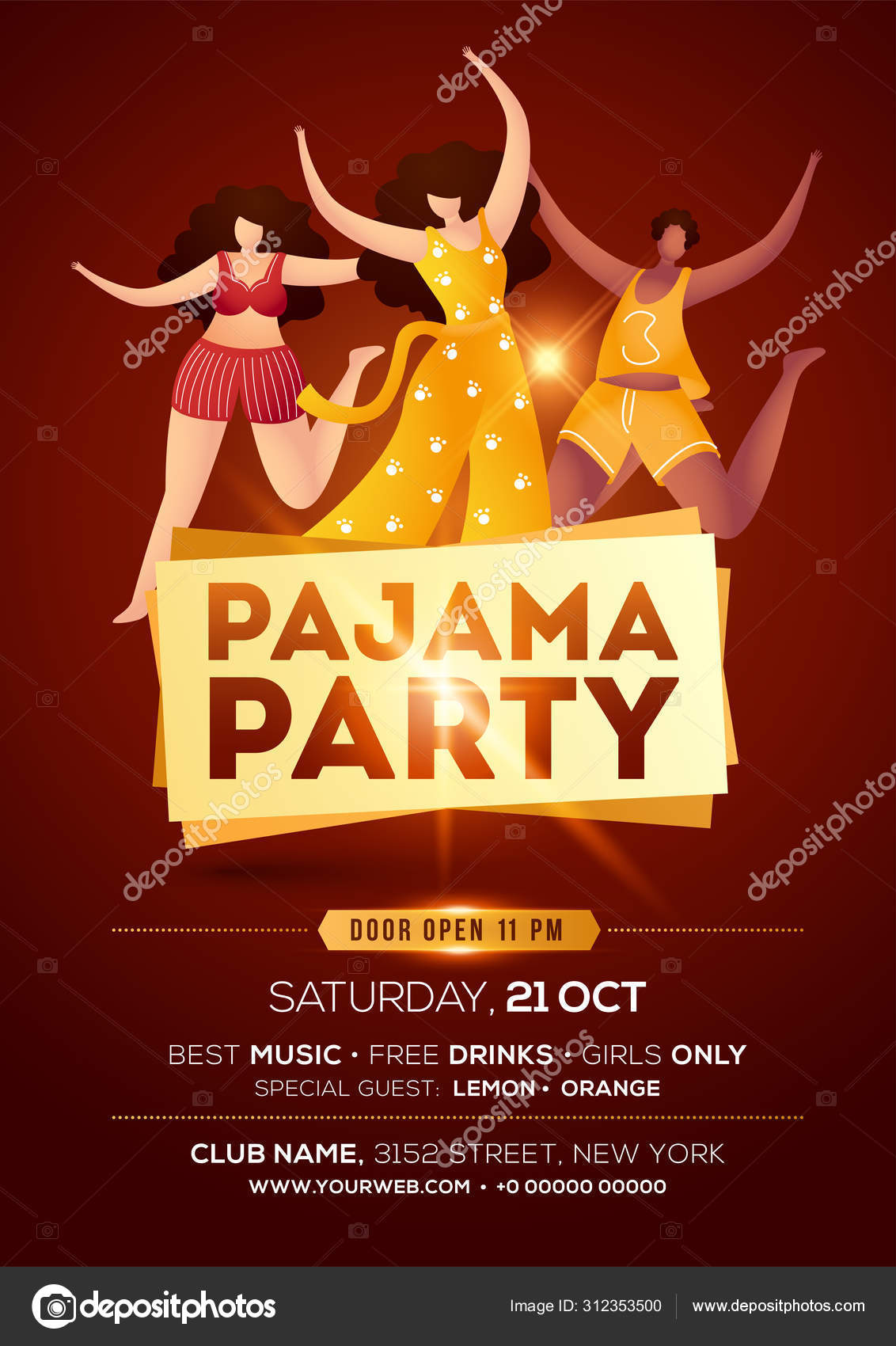 Pajama Party Invitation Card Design With Female Character In Dan Stock