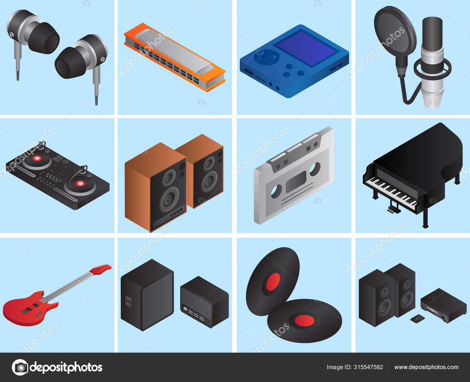 Set of 3d musical instruments on blue background. Stock Vector Image by ...