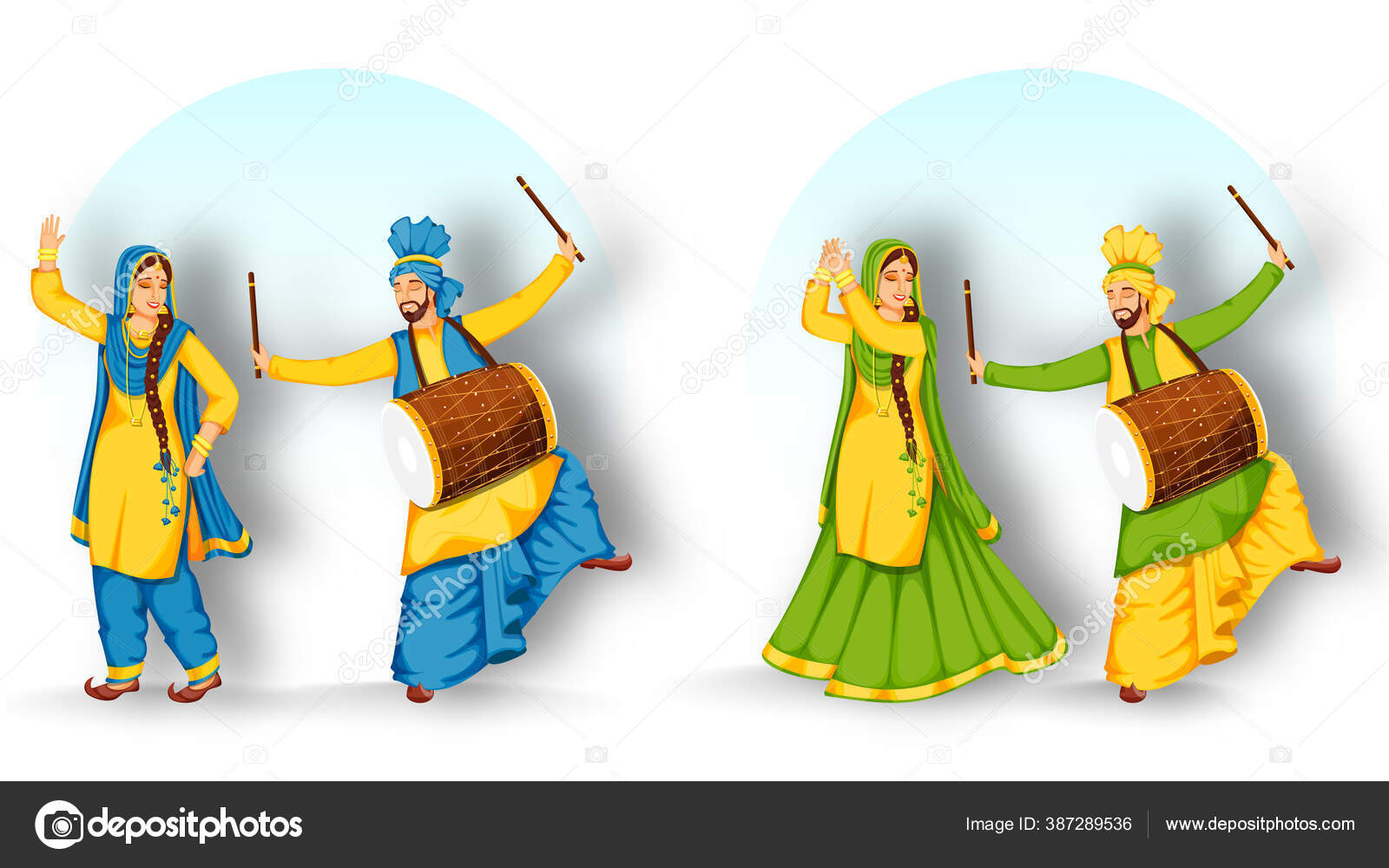 Punjabi Man Playing Dhol Drum Woman Performing Bhangra Dance Two Stock ...