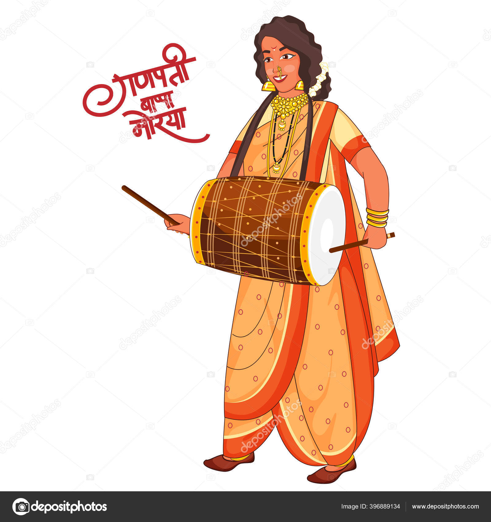 Young Maharashtrian Woman Playing Dhol Drum Traditional Attire Hindi ...