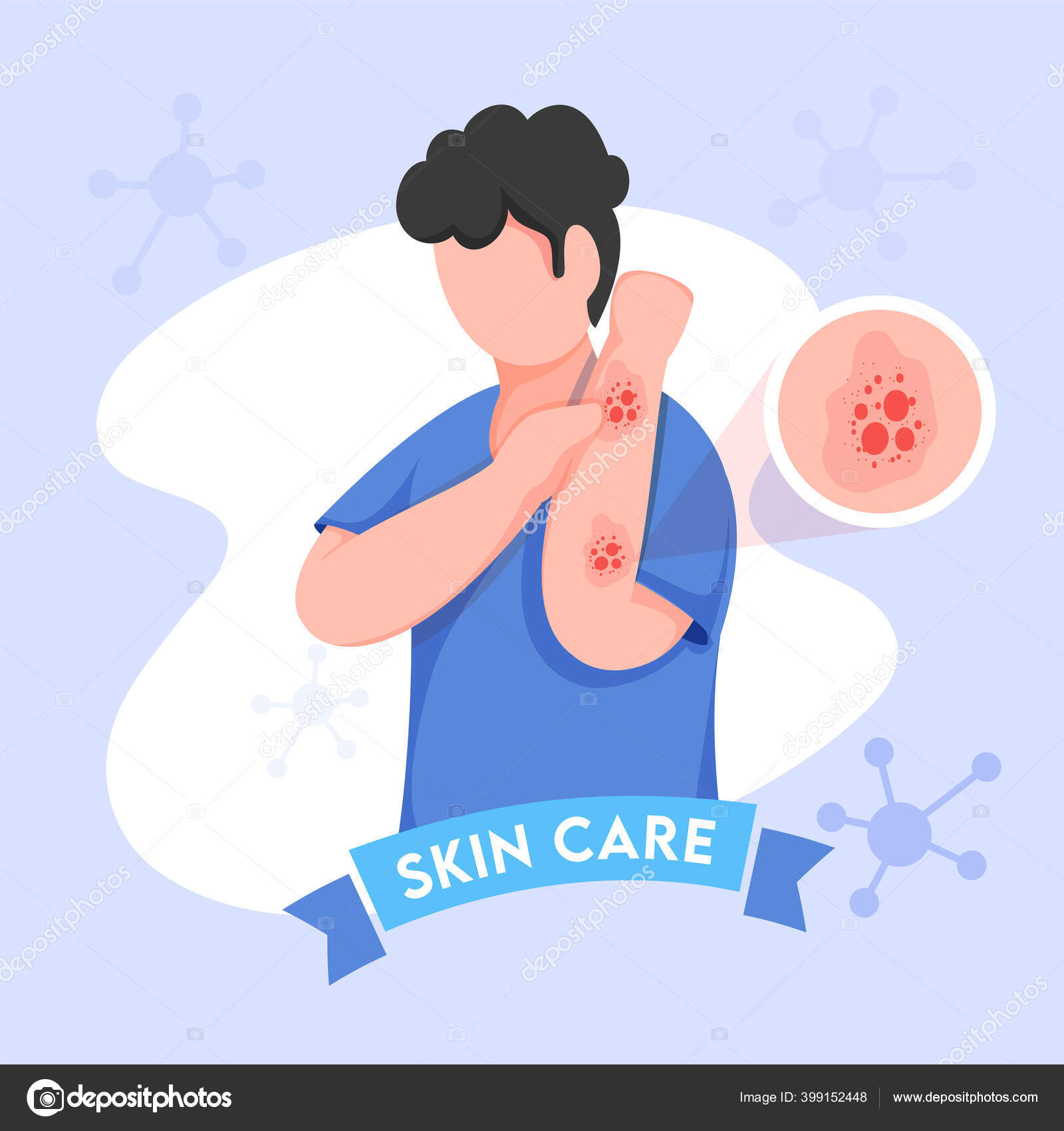 Cartoon Young Boy Itching His Hands Molecules Decorated Blue Background ...