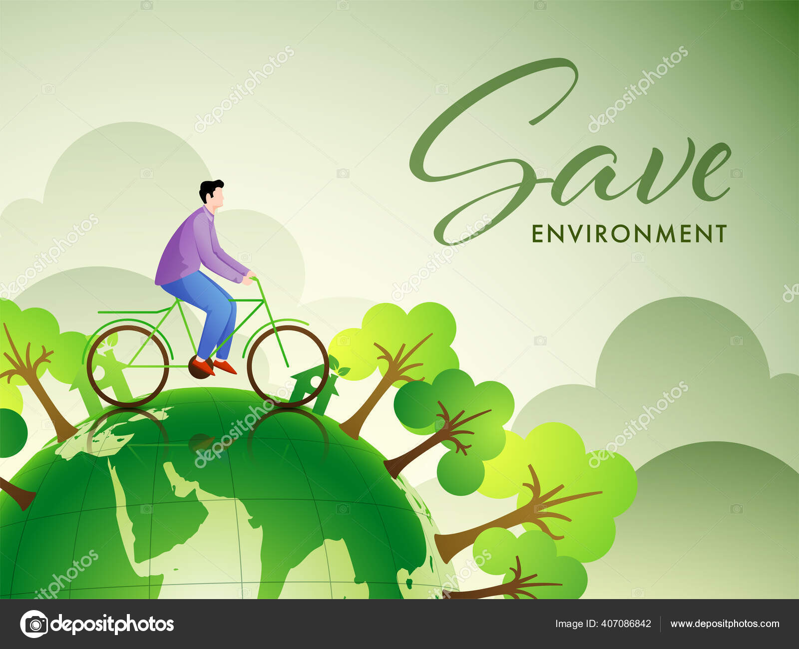 Cartoon Man Riding Bicycle Green Earth Globe Background Environment ...