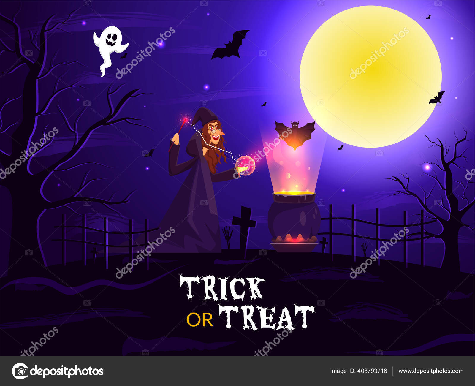 Illustration Witch Doing Magic Wand Boiling Cauldron Bats Ghost Full ...