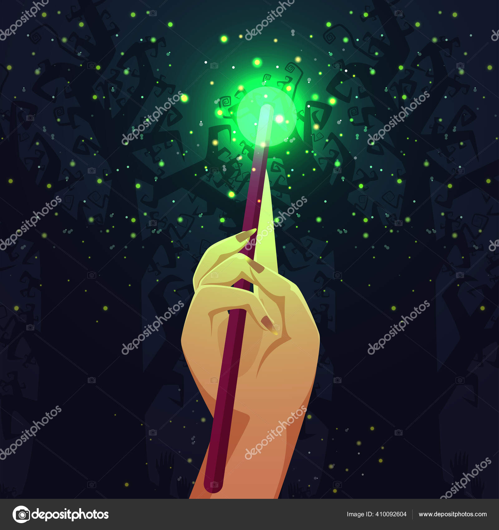 Female Hand Holding Magic Wand Magical Sparkles Blue Bare Tree Stock ...