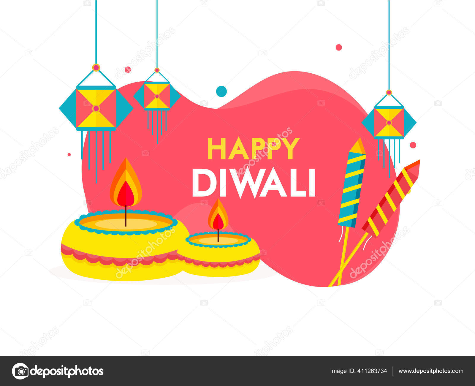 Happy Diwali Text Lit Oil Lamps Diya Firecracker Rockets Hanging Stock ...