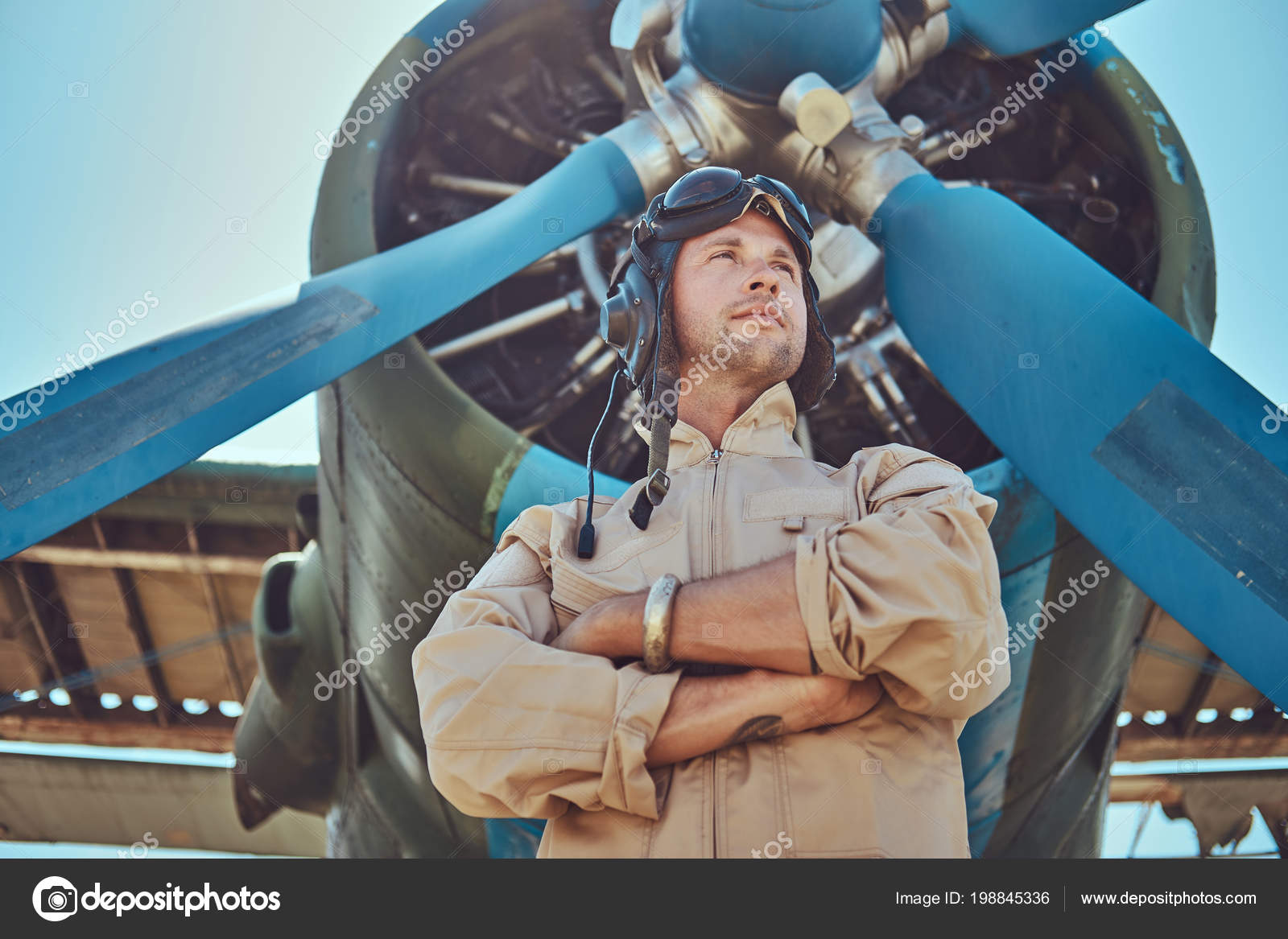 Handsome Pilot Full Flight Gear Standing Crossed Arms Military Airplane ...