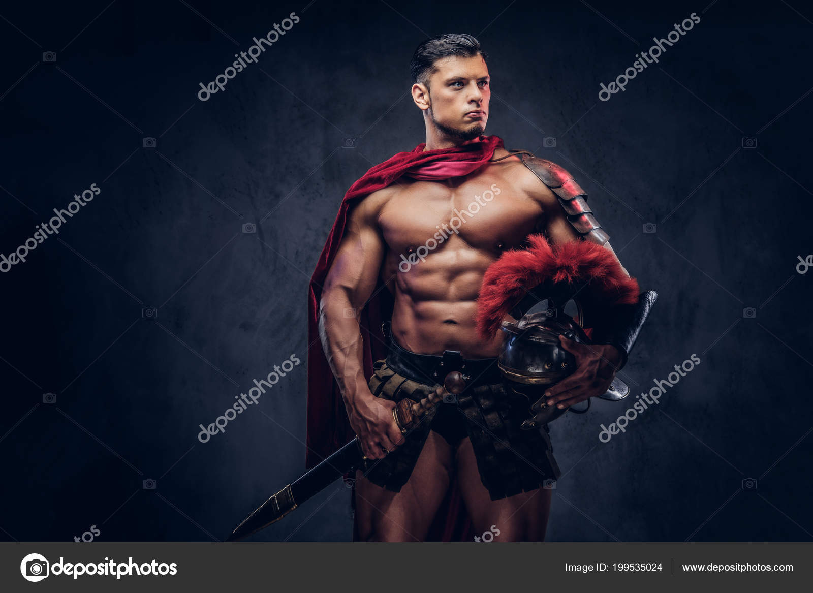 Brutal Ancient Greek Warrior Muscular Body Battle Equipment Posing Dark ...