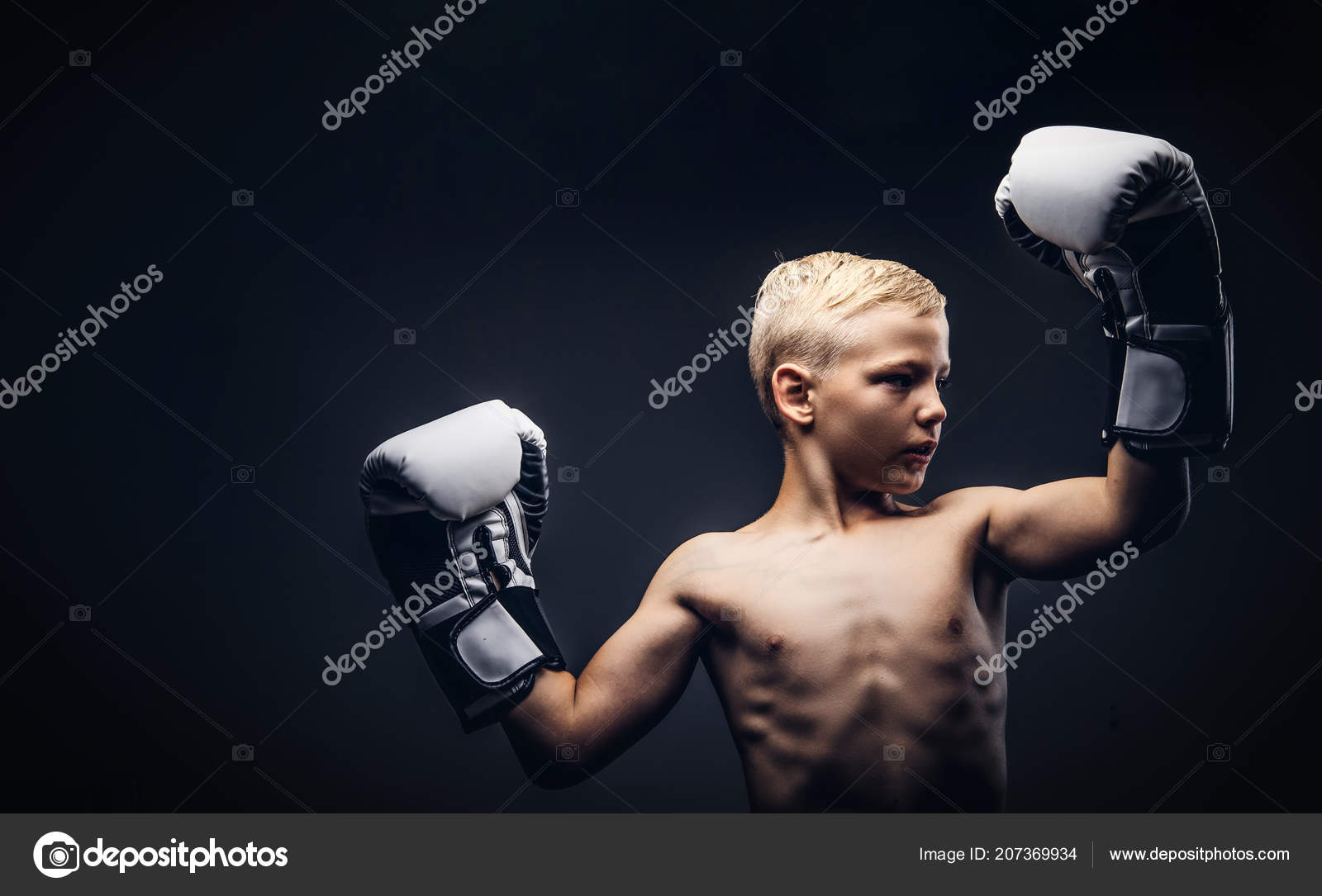 Young shirtless boy boxer with boxing gloves posing in a studio. Stock ...
