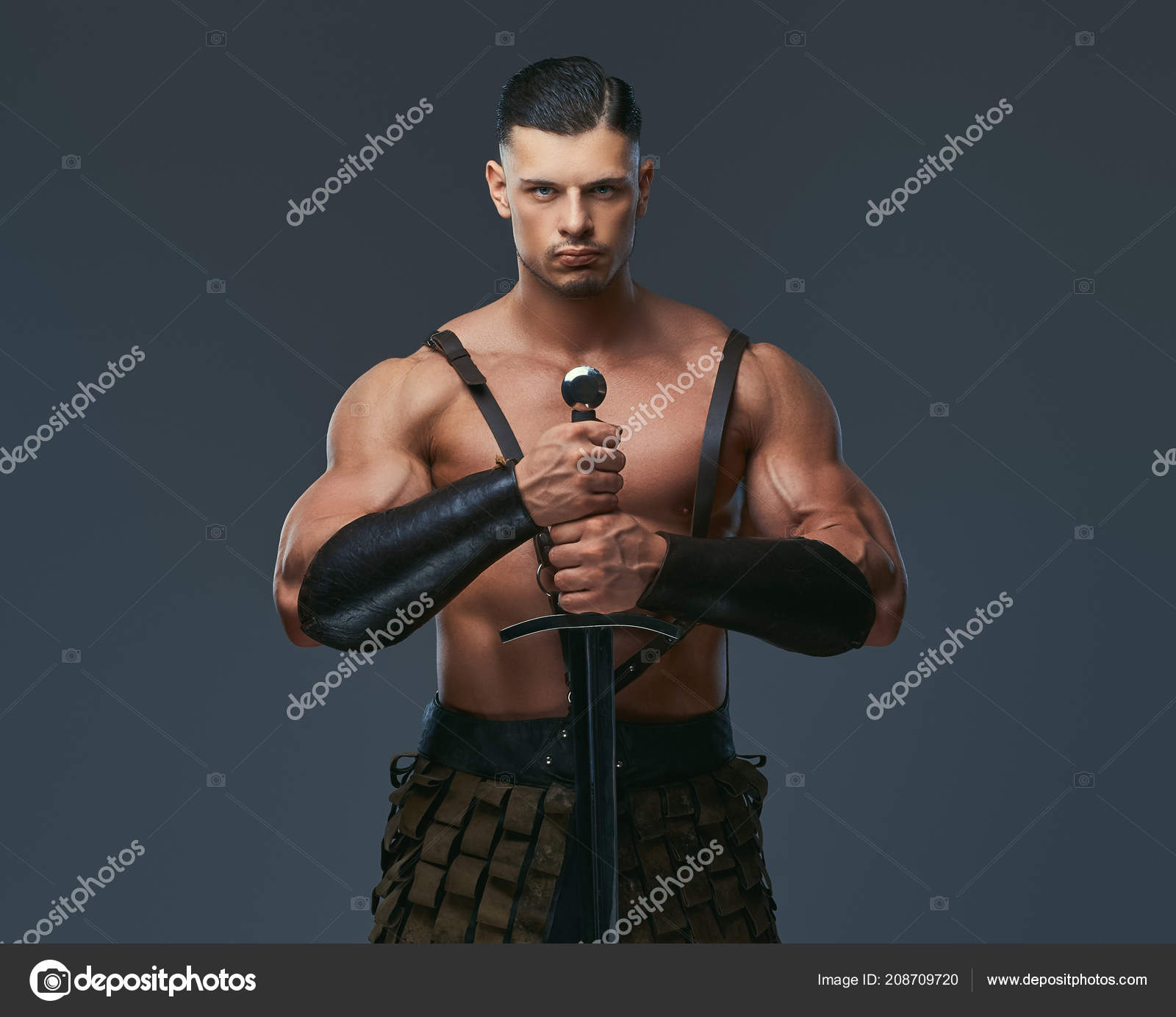 Brutal Ancient Greece Warrior Muscular Body Battle Uniforms Posing Dark ...