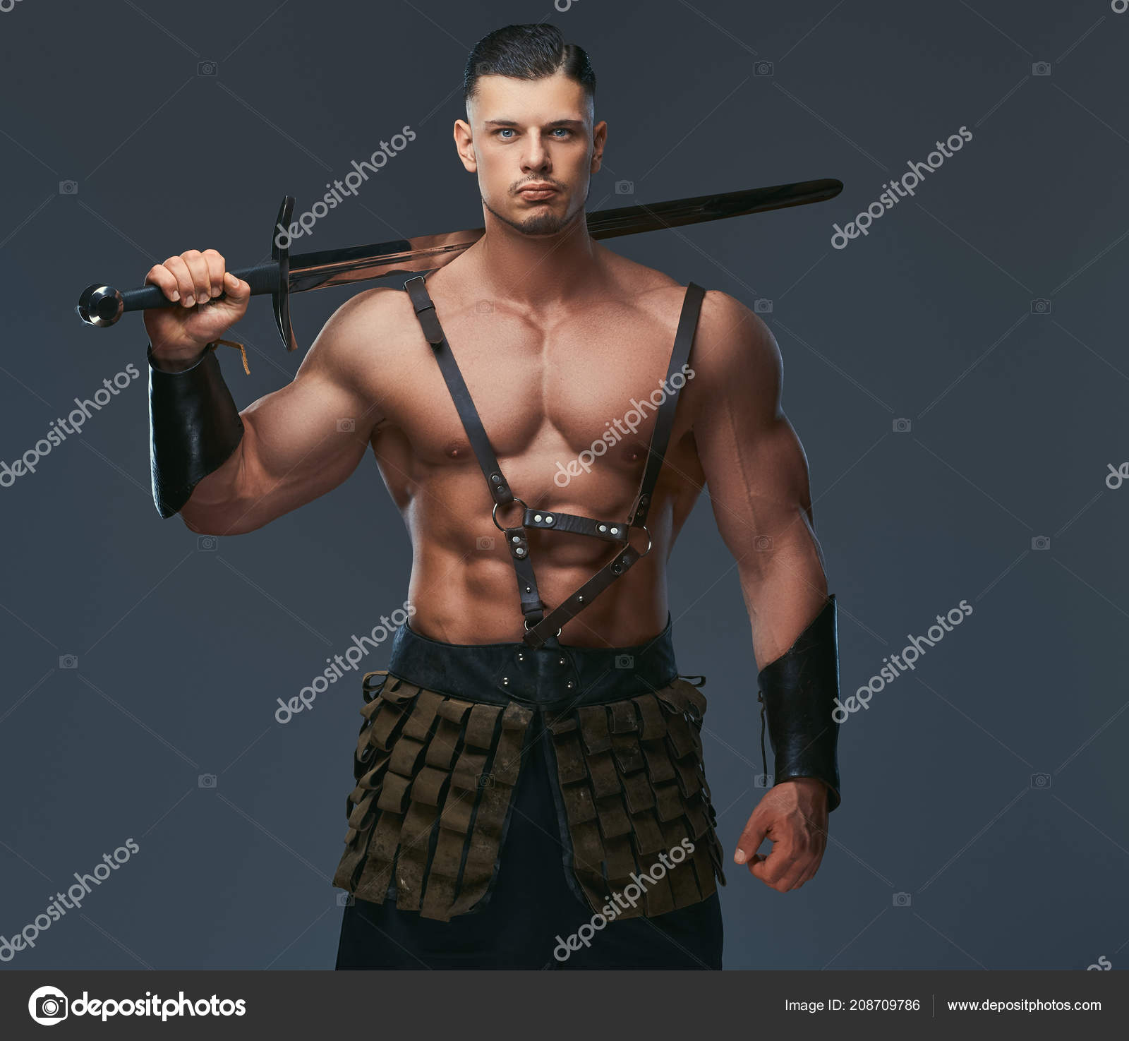 Brutal Ancient Greece Warrior Muscular Body Battle Uniforms Posing Dark ...