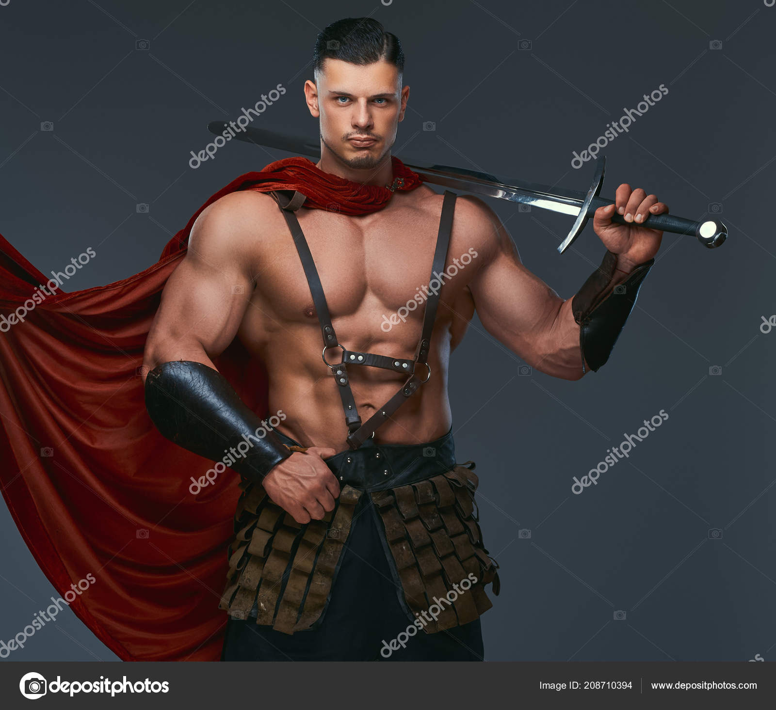 Portrait Ancient Greece Warrior Muscular Body Dressed Battle Uniforms ...
