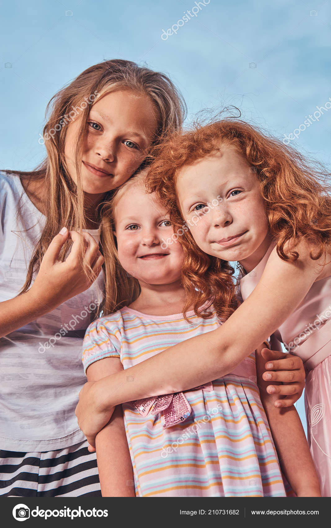Low Angle Portrait Happy Cute Little Friends Sky Background Stock Photo ...