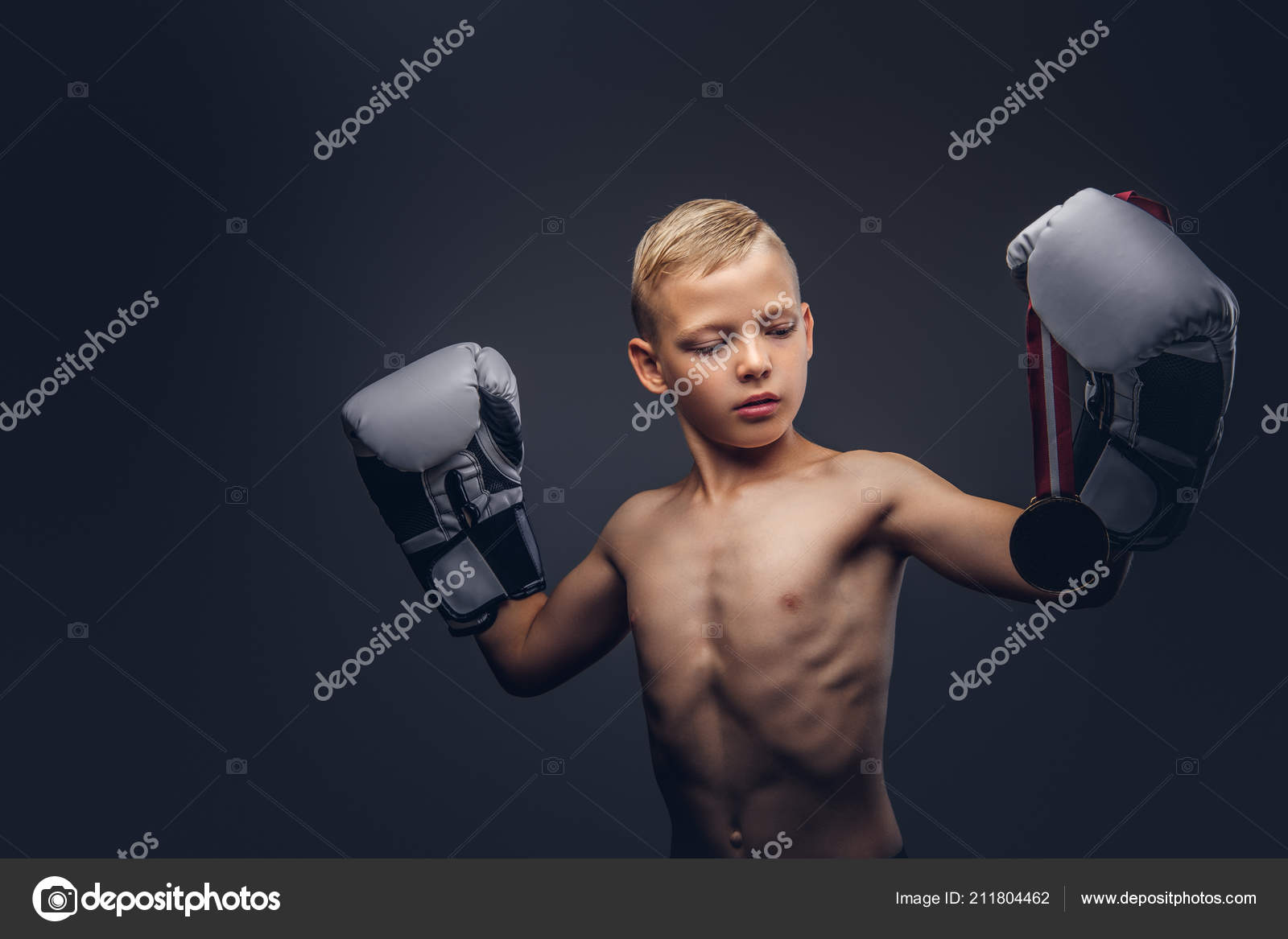 Young Shirtless Boy Boxer Boxing Gloves Holds Golden Medal Posing Stock ...