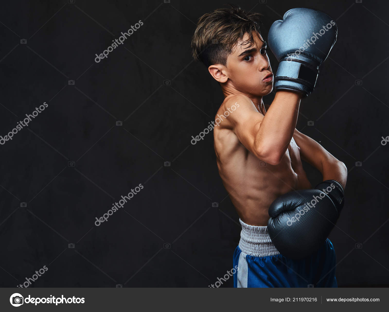 Portrait Handsome Shirtless Young Boxer Boxing Exercises Focused ...