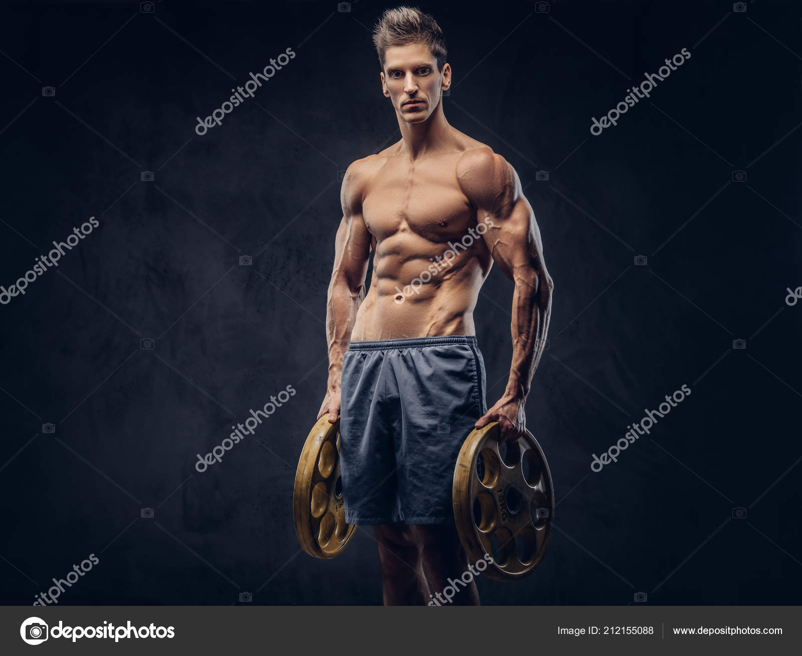 Handsome Shirtless Ectomorph Bodybuilder Stylish Hair Posing Barbell ...