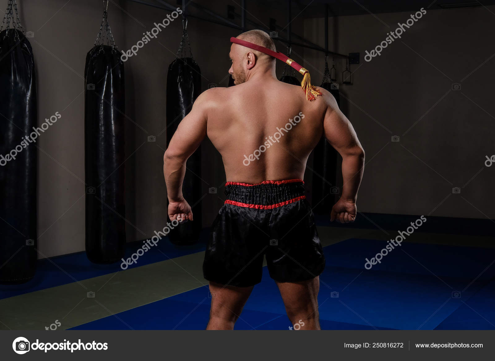 Back View Muay Thai Fighter Muscular Body Traditional Uniform Stock ...