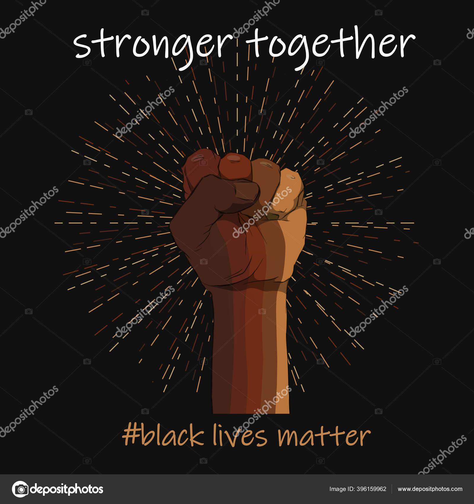 Raised fist in different skin colors on a black background. Black lives ...