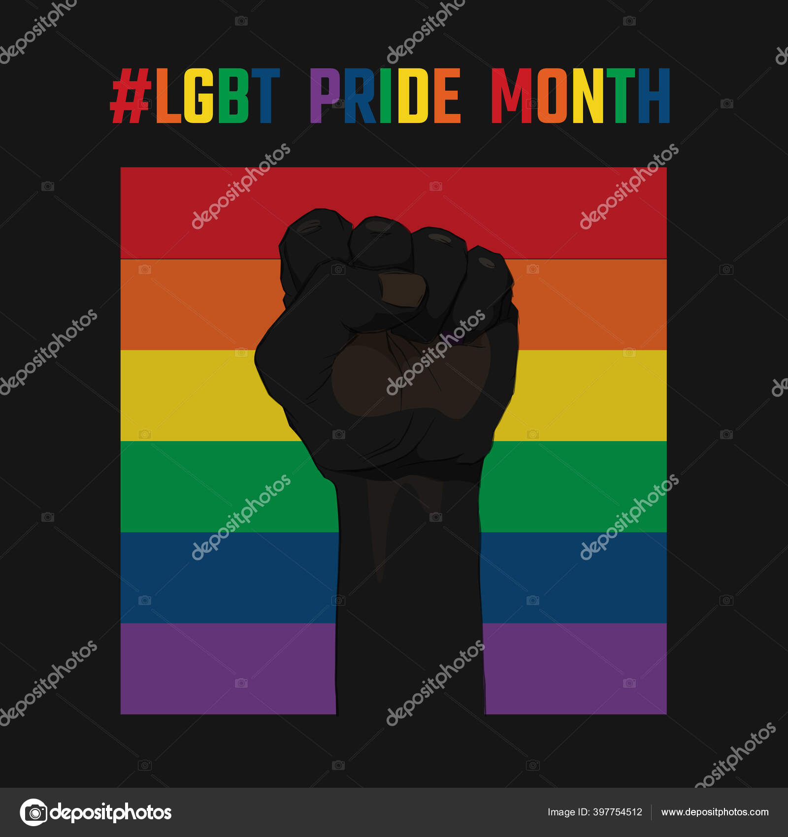 Raised fist on a rainbow colors background. Sticker, patch, t-shirt ...
