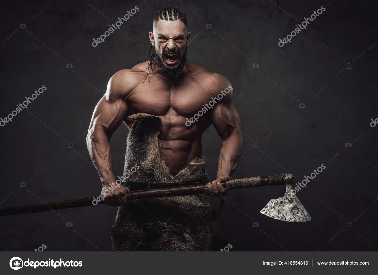 Mad viking with beard crying in dark background Stock Photo by ...