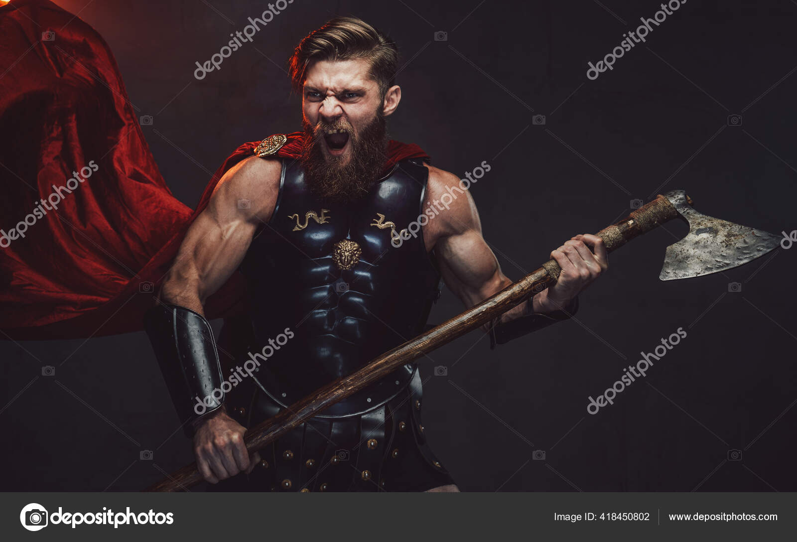Combat greek warrior screaming and posing in dark background Stock ...