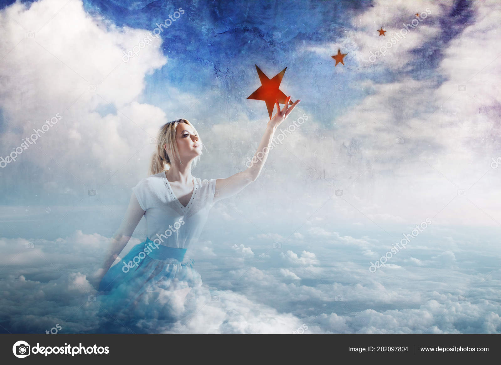 Young attractive woman Sitting on a cloud reaching for the star. Take a ...
